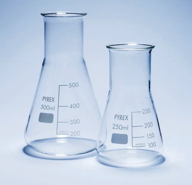 Pyrex® Erlenmeyer flask, wide neck, with printed trace code